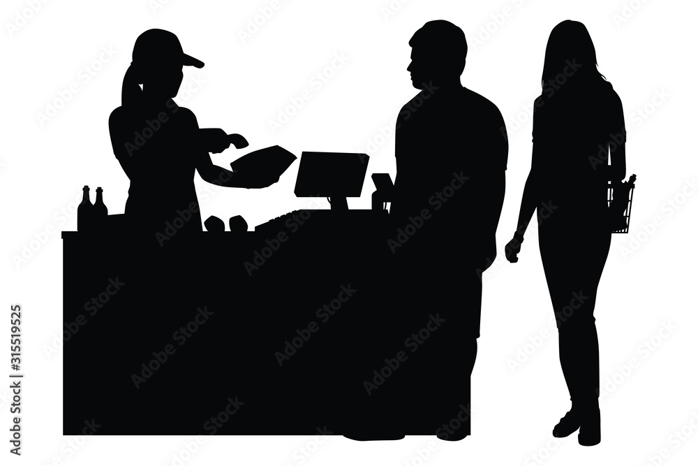 Customer and cashier in supermarket silhouette vector, Supermarket ...