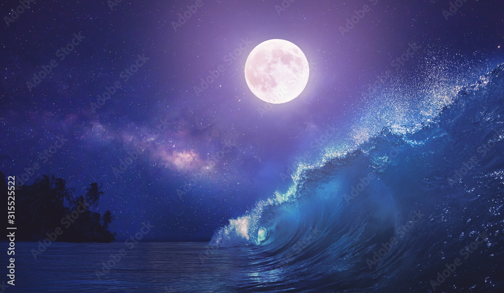 Beautiful night ocean scenery with surfing wave and full moon on ...