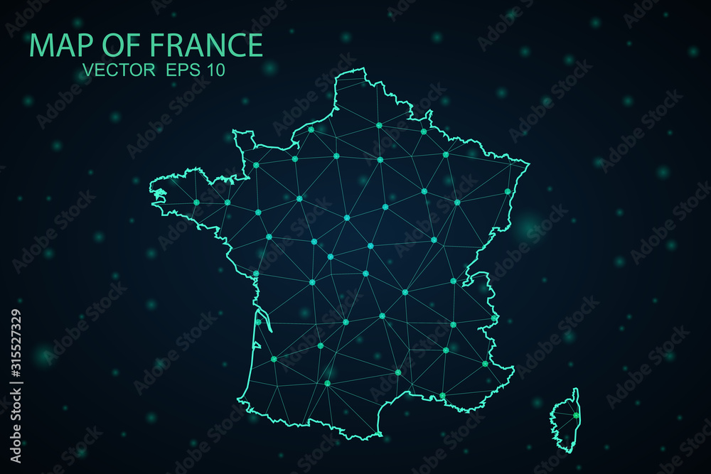 map of France. Wire frame 3D mesh polygonal network line, design sphere ...