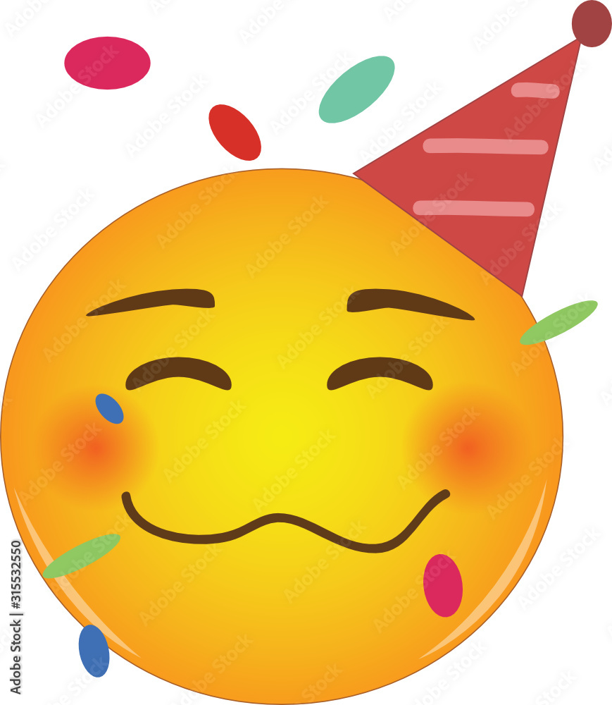Happy drunk emoji at party. Partying yellow drunk face emoticon with a ...