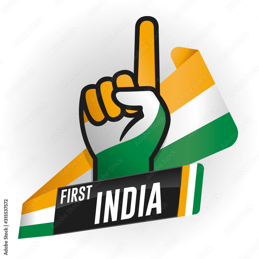 FIRST INDIA on black background and hand with raised index finger, with ...