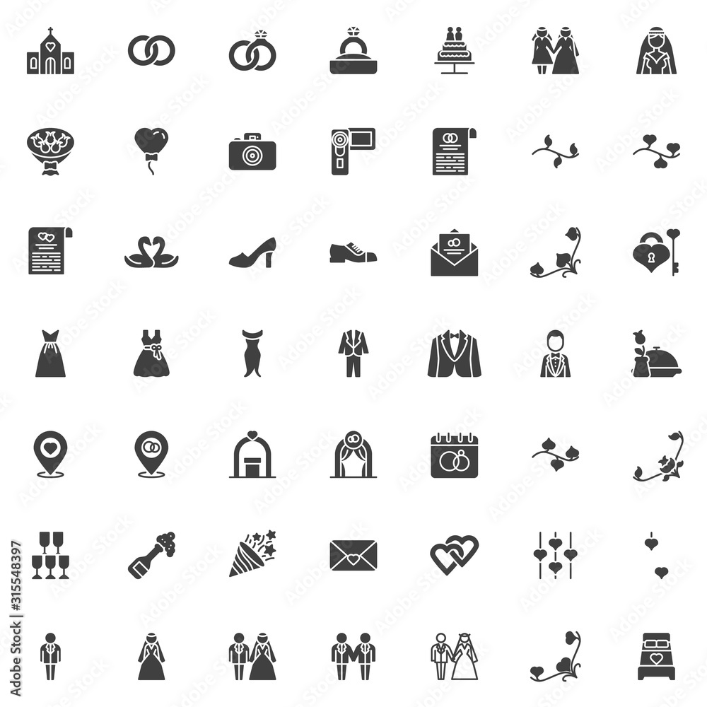 Wedding, marriage vector icons set, modern solid symbol collection ...