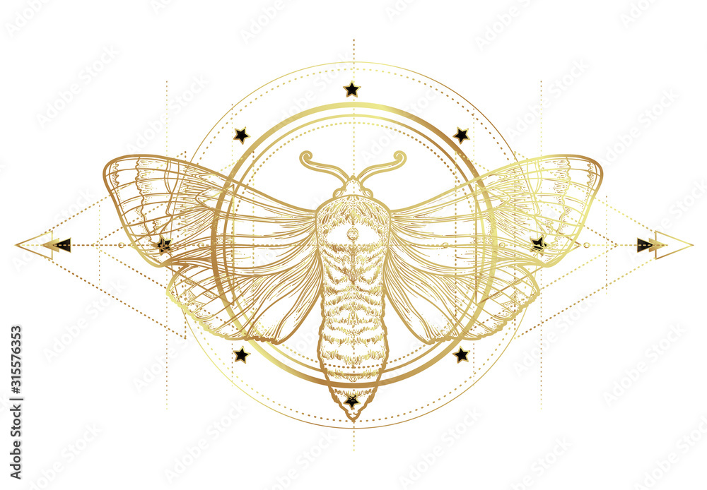Golden moth over sacred geometry sign, isolated vector illustration ...