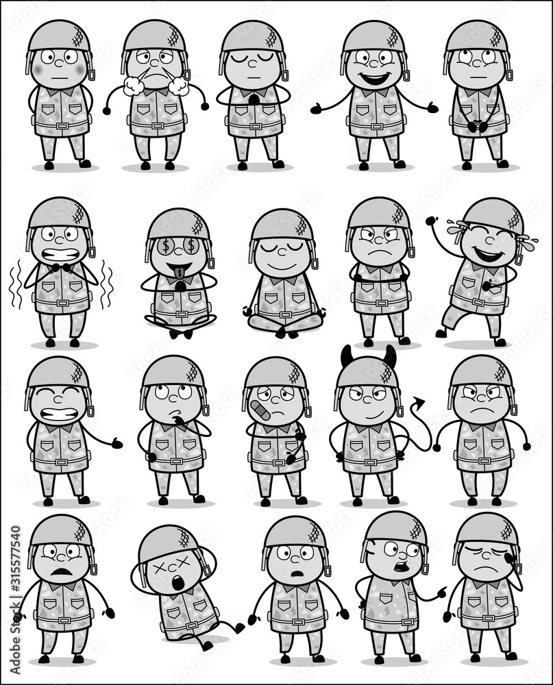 Many Poses of Cartoon Army Man - Set of Concepts Vector illustrations ...