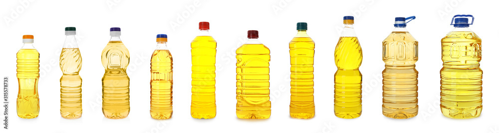 Set of bottles with cooking oil on white background. Banner design ...