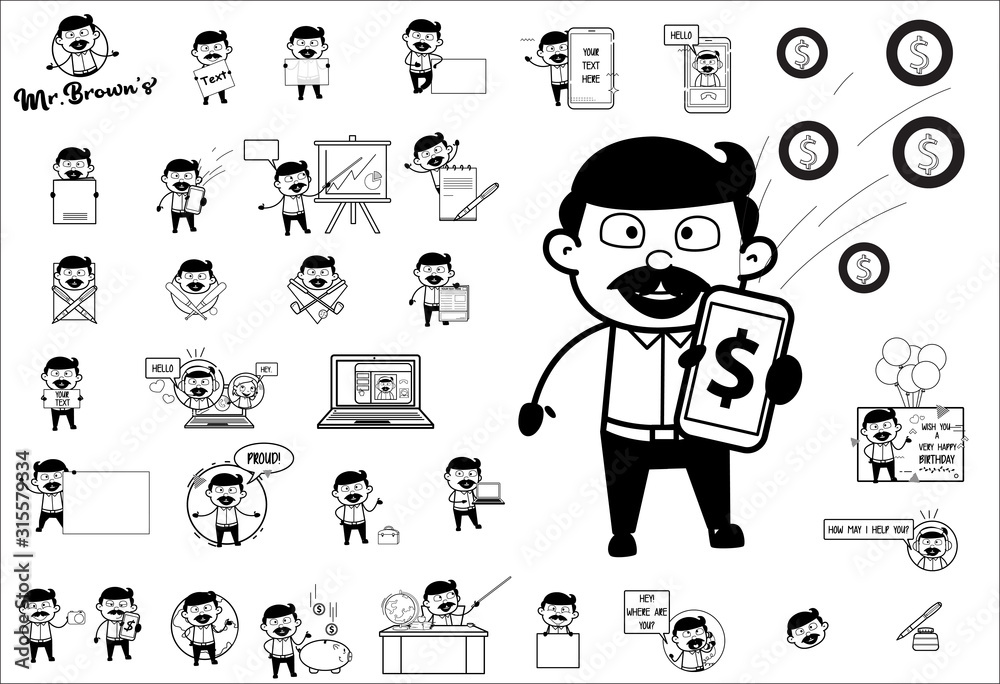 Black and White Comic Indian Man Characters - Set of Concepts Vector ...