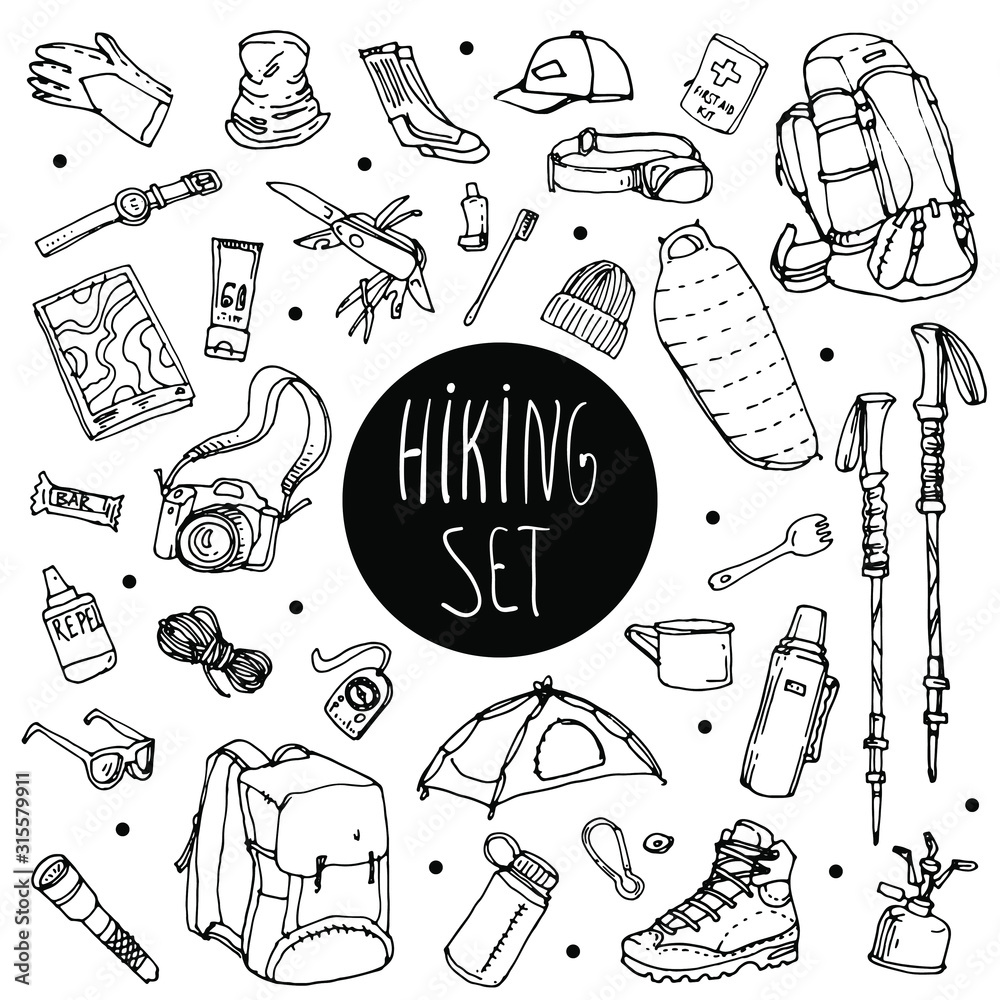 Hiking stuff set. Simple travel icons. Doodle illustration, line art ...