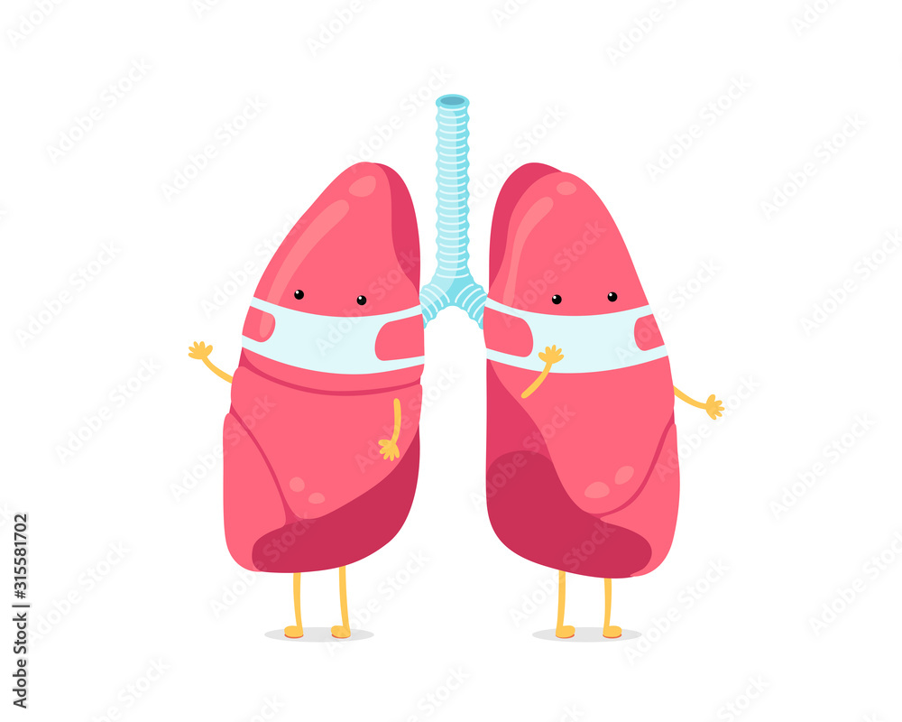 Cute cartoon lungs character with breathing hygiene mask on face. Human ...
