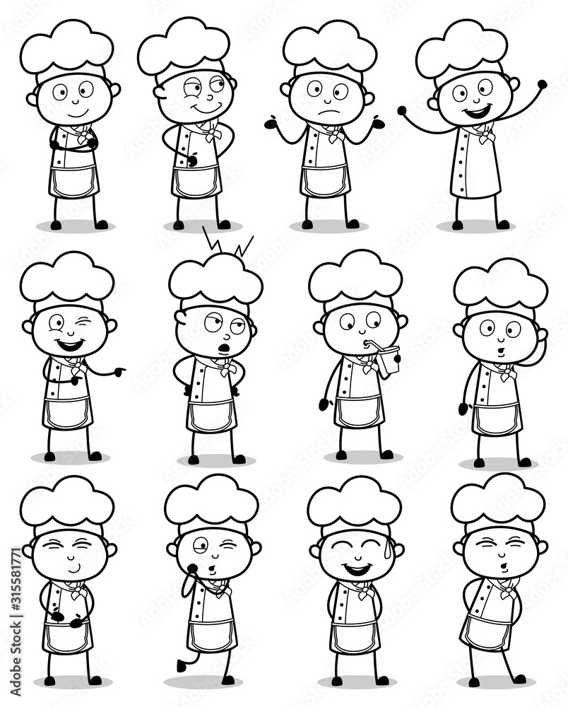Drawing Art of Cartoon Chef Poses - Set of Concepts Vector ...