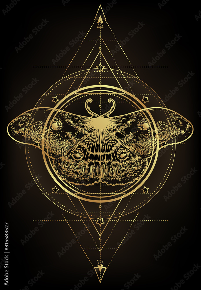 Golden moth over sacred geometry sign, isolated vector illustration ...