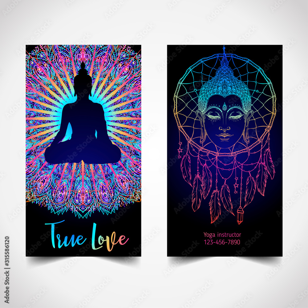 Yoga card, flyer, poster, mat design. Colorful neon template for ...