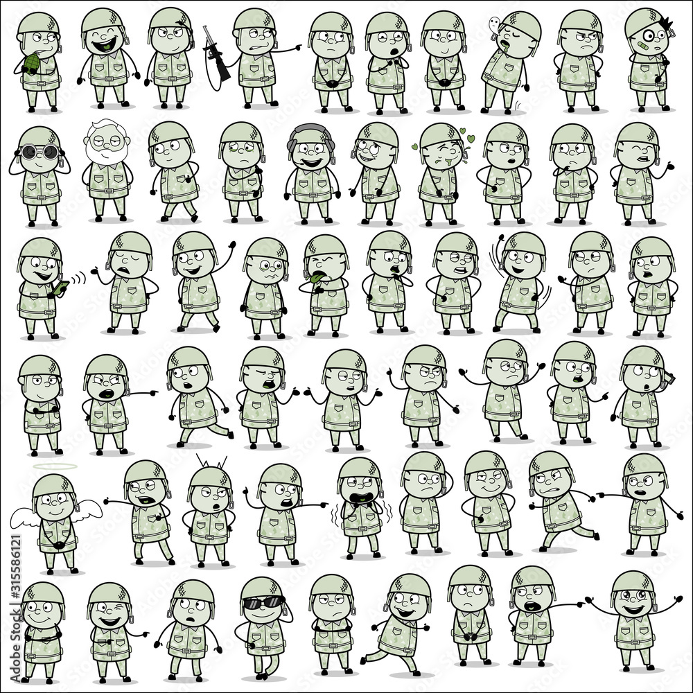 Various Comic Army Man Character Poses - Set of Concepts Vector ...