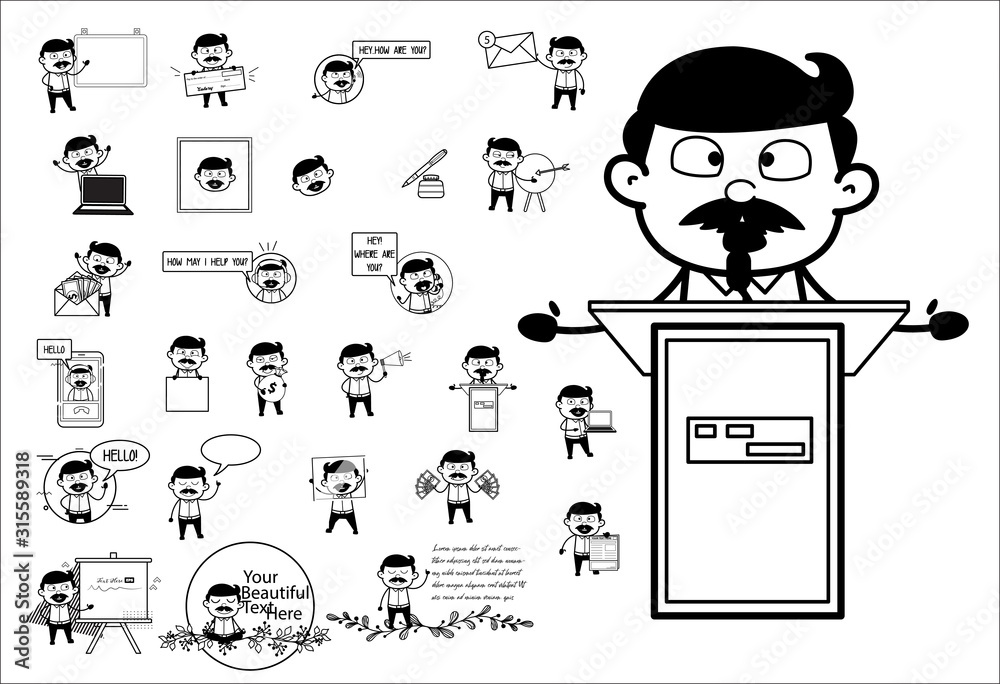 Black and White Retro Cartoon Indian Man Characters - Set of Concepts ...