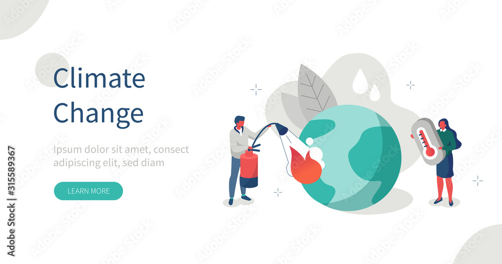 People Characters trying to Save Planet Earth.Woman holding Thermometer ...