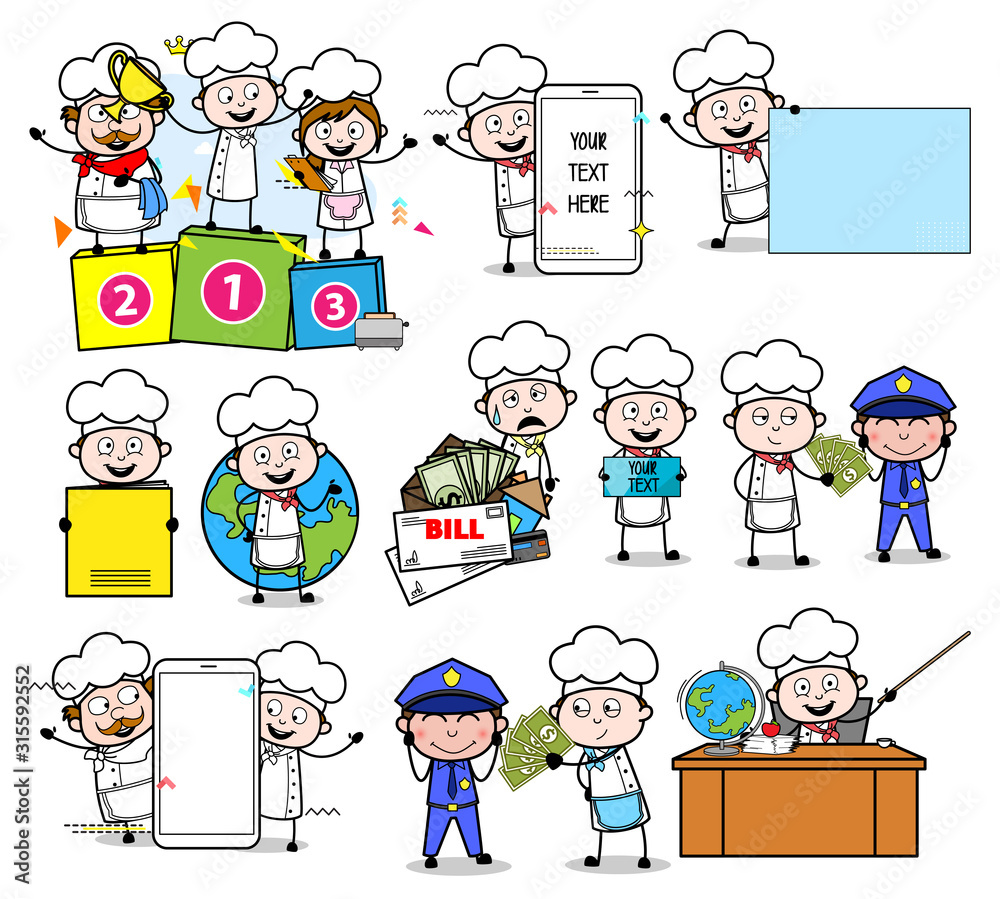 Cartoon Chef with Various Concepts - Set of Comic Vector illustrations ...