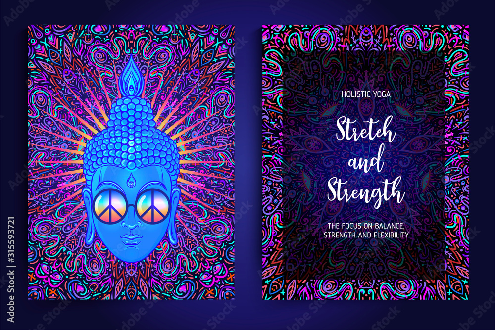Yoga card, flyer, poster, mat design. Colorful neon template for ...