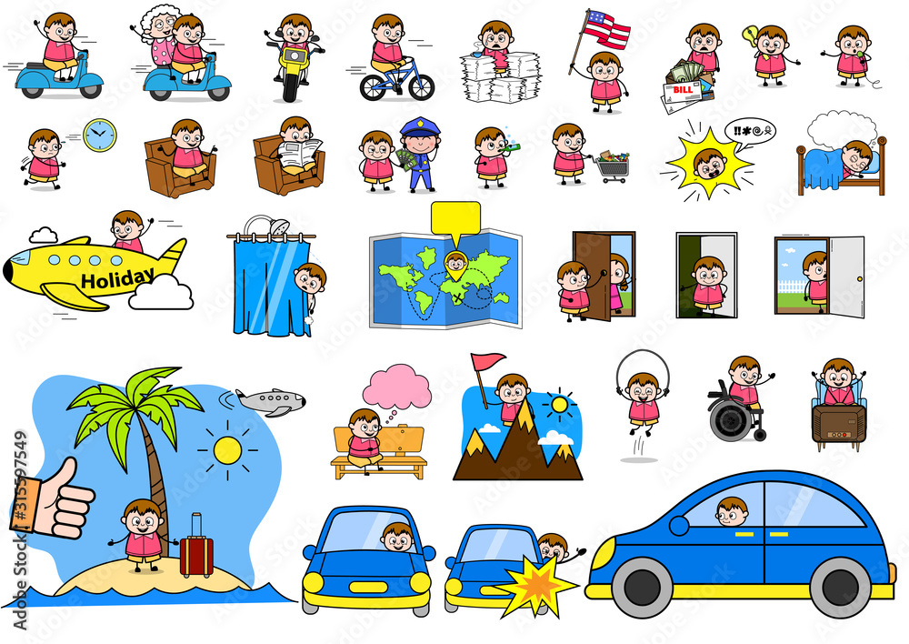 Cartoon Fat Boy Character - Set of Concepts Vector illustrations Stock ...