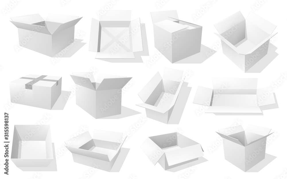 Box 3d vector mockups of blank white cardboard packages in different ...