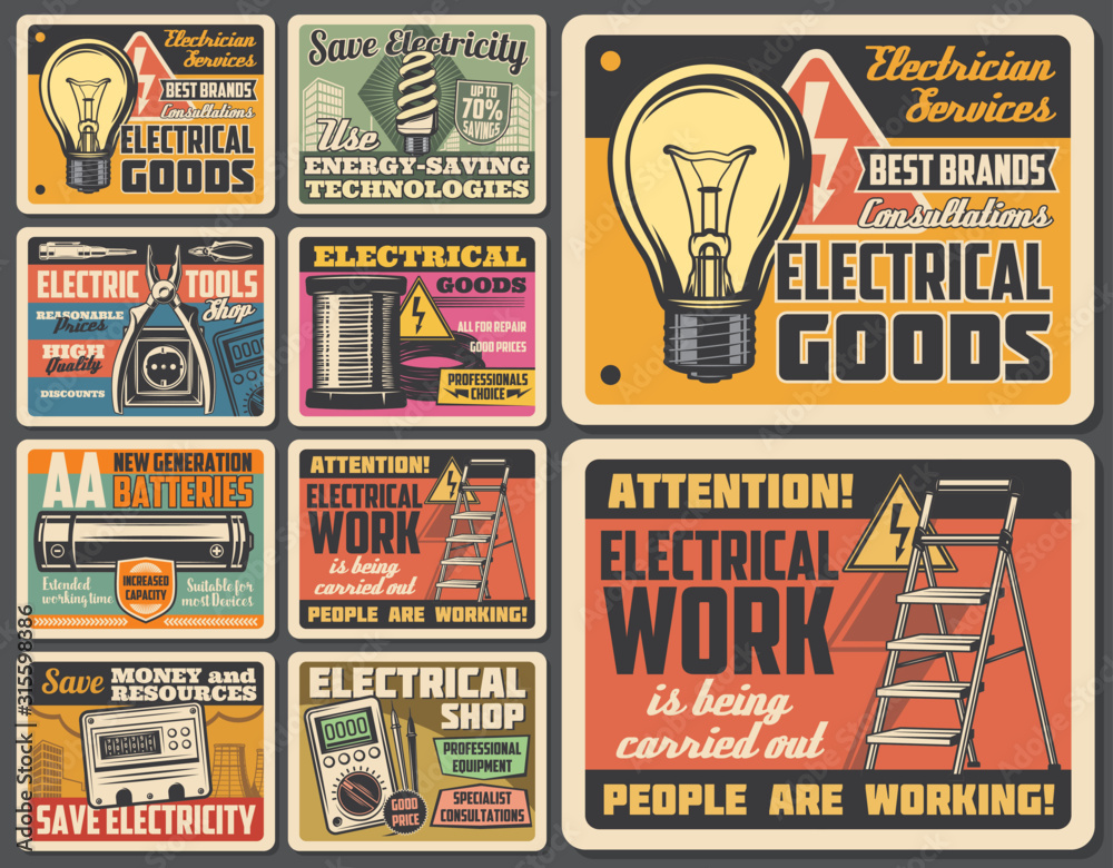 Electrician works service, electric tools and electrical equipment shop ...