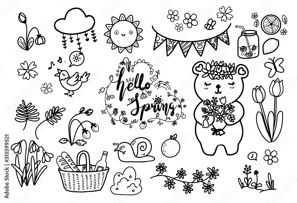 beautiful kawaii doodle design line art cartoon character in spring ...