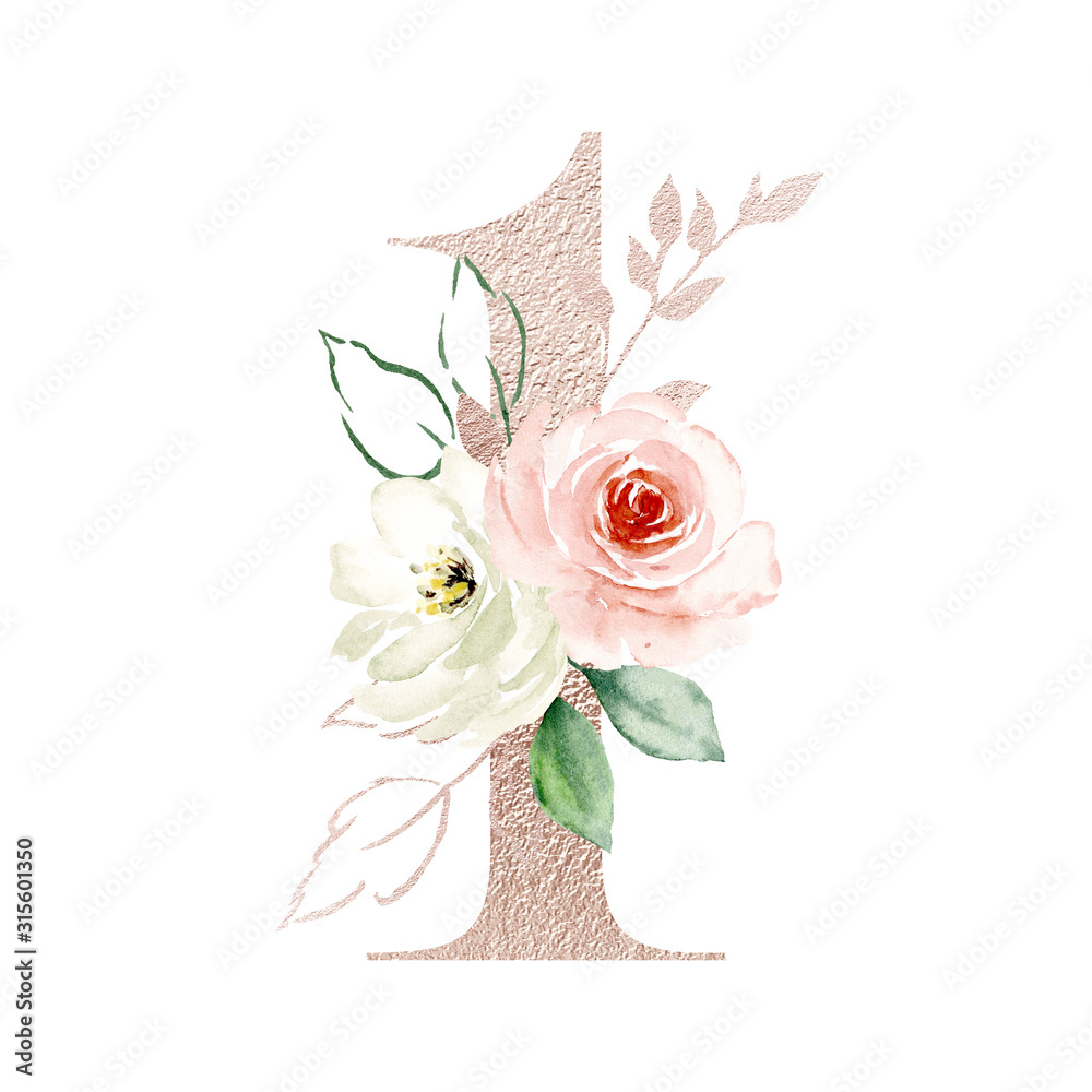 Gold number 1 with watercolor pink flowers roses and leaf. Perfectly ...