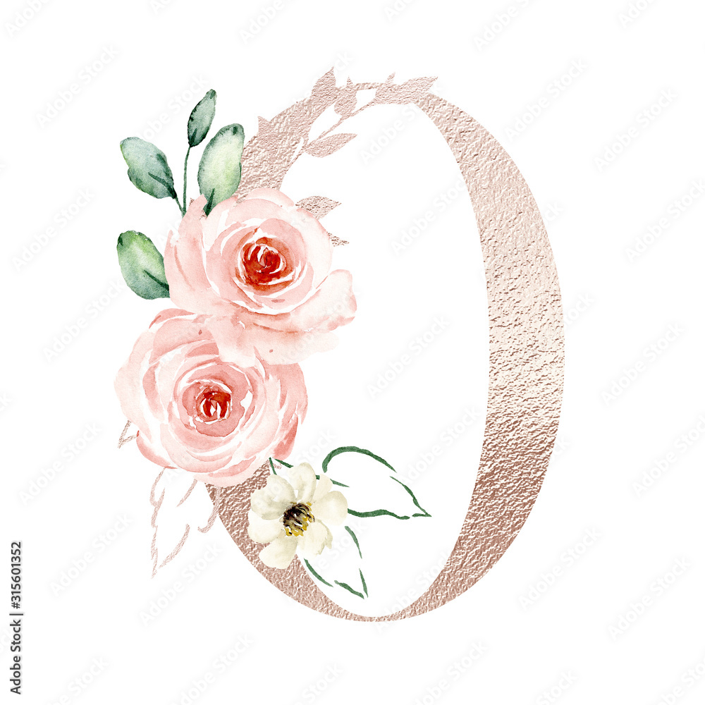 ภาพประกอบสต็อก Gold number 0 with watercolor pink flowers roses and ...