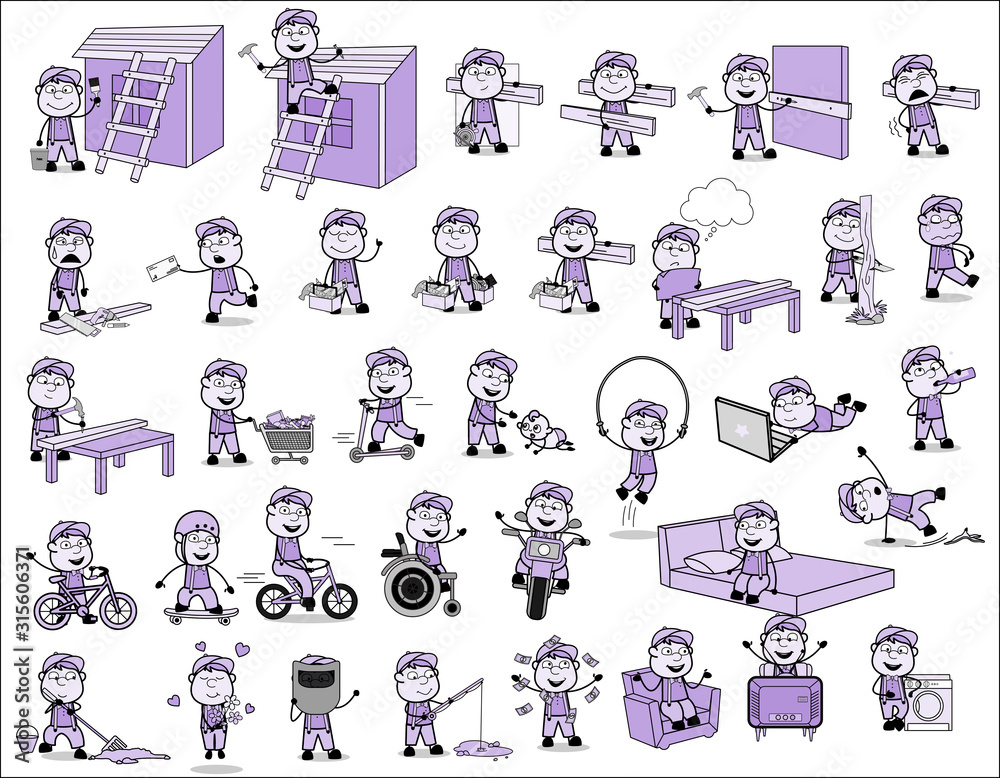 Cartoon Vintage Carpenter Character - Collection of Concepts Vector ...