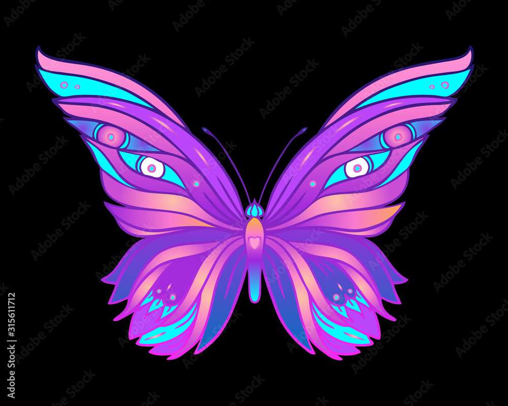 Hand drawn butterfly in bright neon colors. Han drawing design for t ...