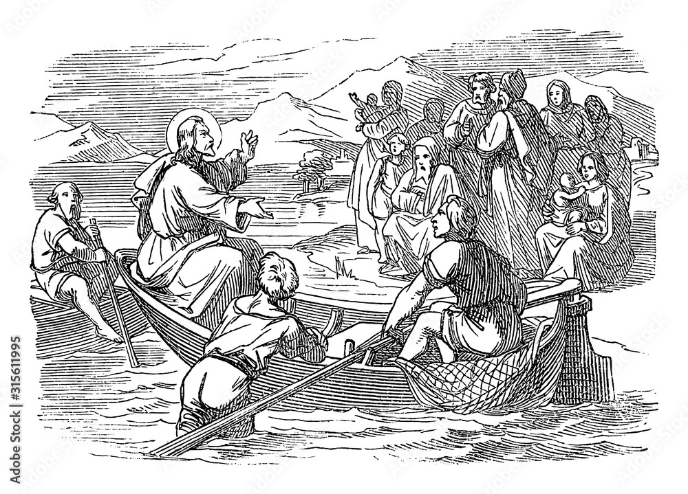 Vintage Drawing Or Engraving Of Biblical Story Of Jesus Teaching Crowd vintage-drawing-or-engraving-of-biblical-story-of-jesus-teaching-crowd
