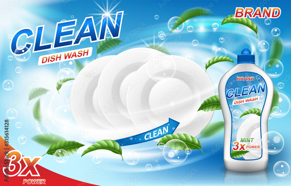 Dish wash soap ads. Realistic dishwashing packaging with detergent gel ...