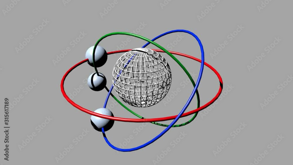 Wireframe planet model with three orbits and three satellite moons ...