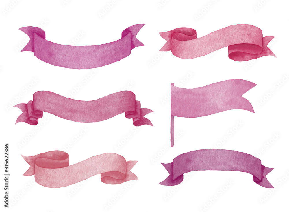 Watercolor pink ribbons and banners for text. Collection of Watercolor ...