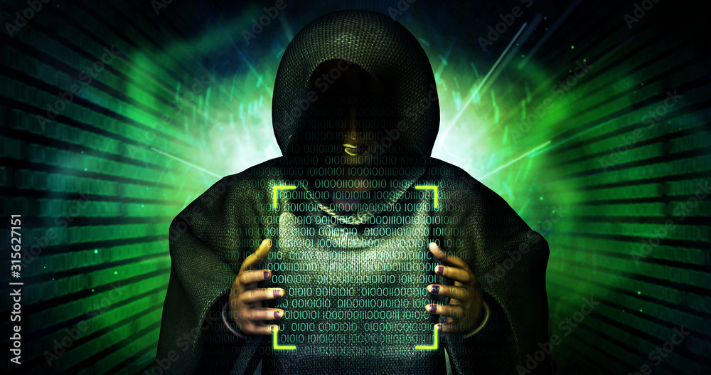 Hacker raise hands up to control computer coding , 3D rendering. Stock ...