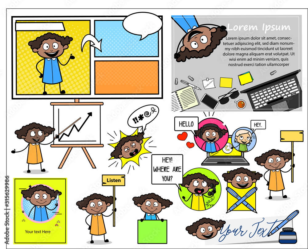 Different Concepts of Office Lady Poses - Set of Retro Comic Vector ...
