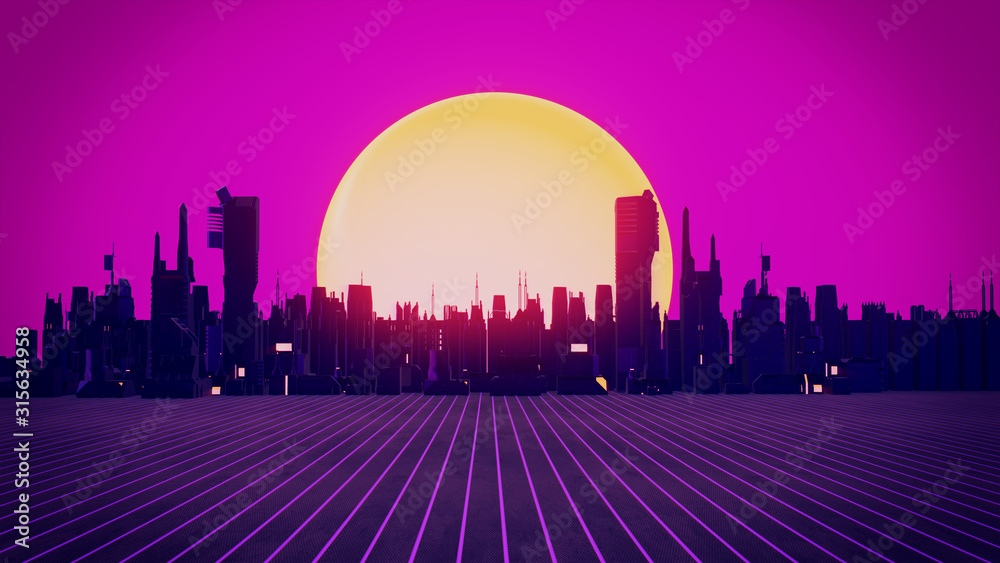 Retro 80s synthwave glowing neon lights plane with sun and city skyline ...