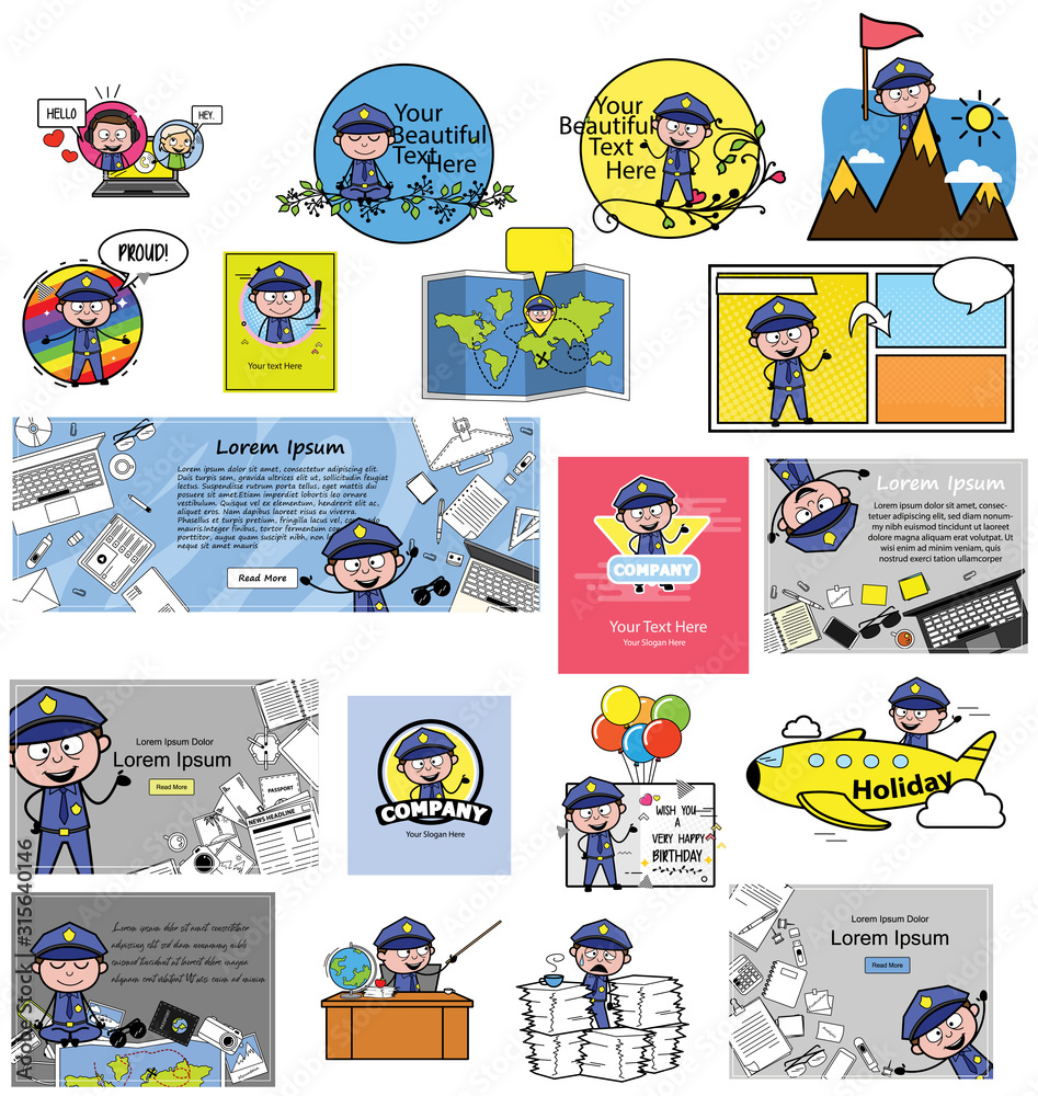 Cartoon Concepts of Policeman Cop Character - Set of Concepts Vector ...