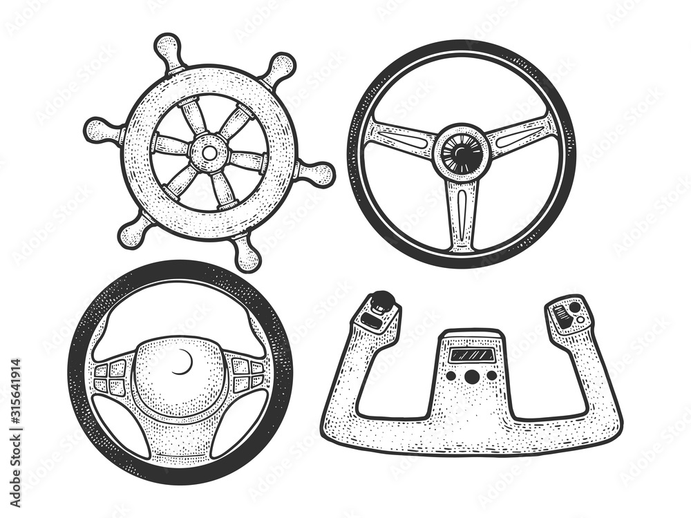 Steering wheel set sketch engraving vector illustration. T-shirt ...