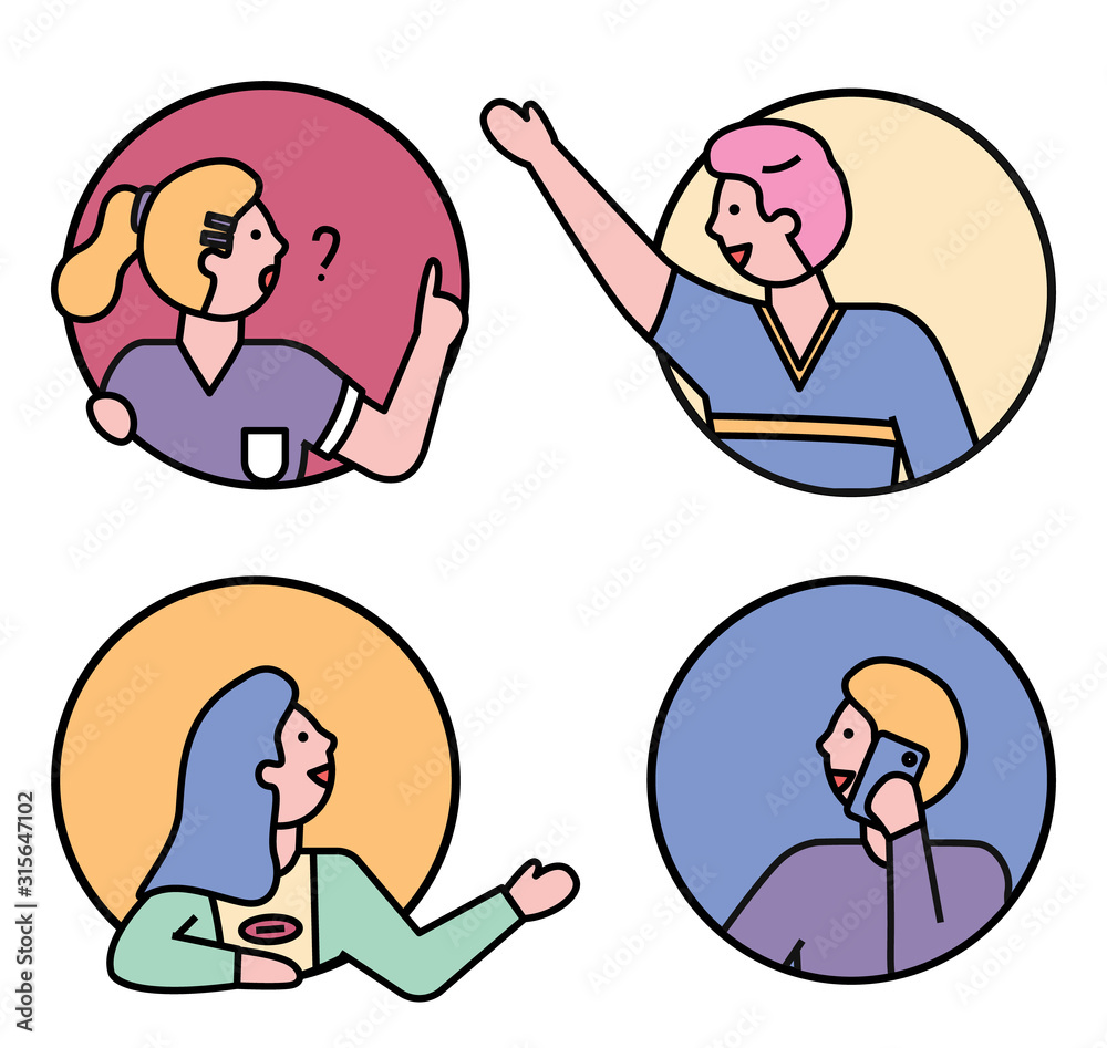 Set of teenagers in circles. People talking and communicating with each ...