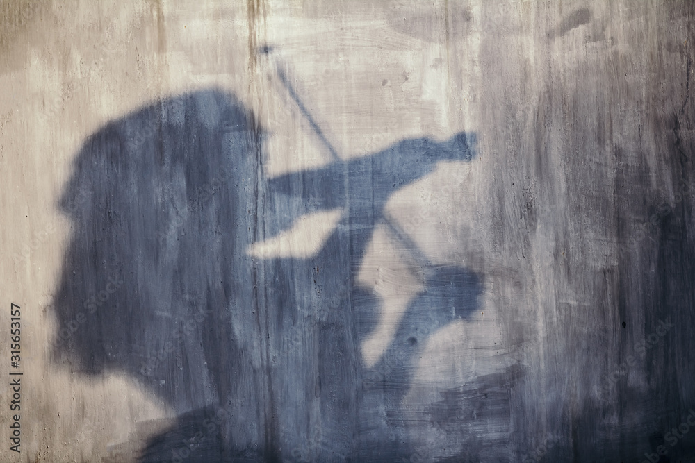 shadow of a violinist on a painted texture, the figure of a girl with a ...