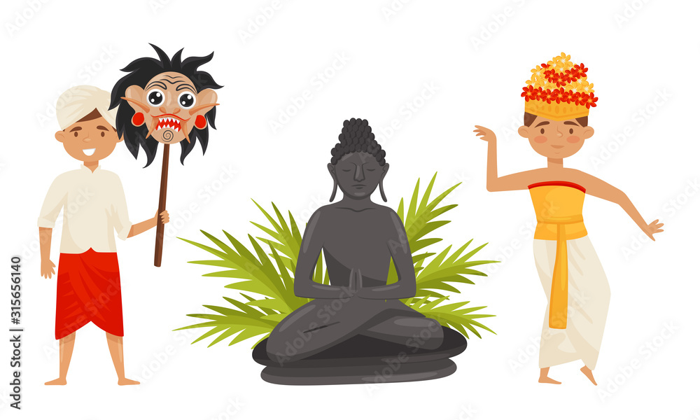 Bali Traditional Dance and Traditions Symbols Vector Set. Man Holding ...