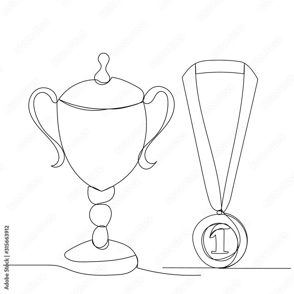 vector, isolated, continuous line drawing of a winner's cup with a ...