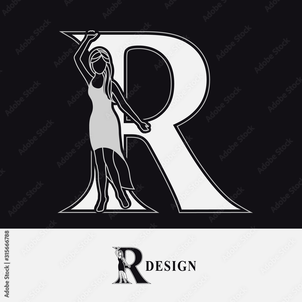 Capital letter R with Pretty Girl. Drawn Monogram for Logo Design ...