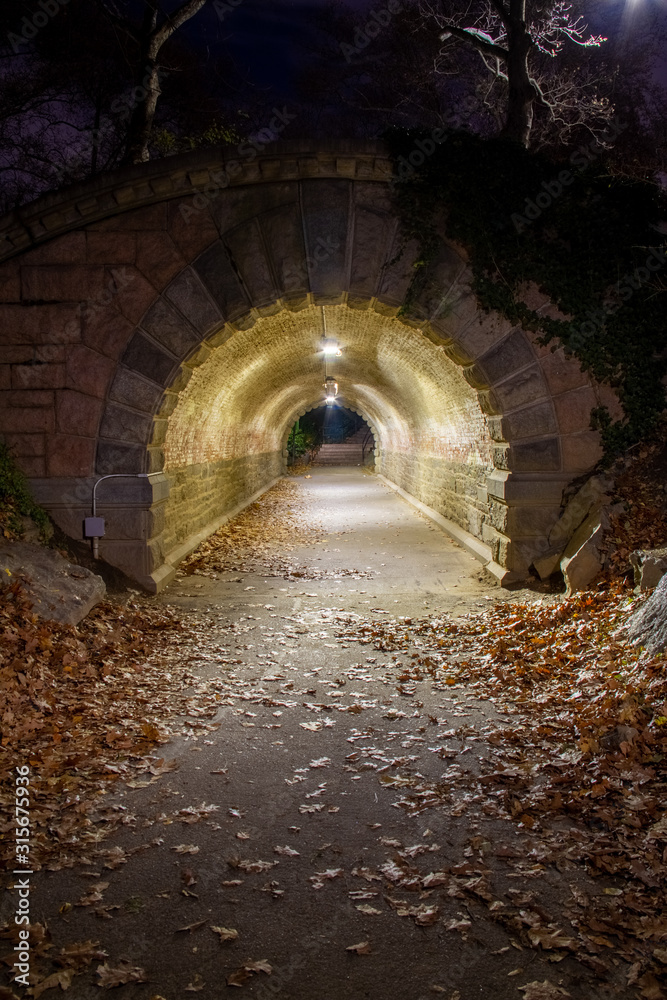 Nighttime image looking through Inscope Arch in New York City’s Central ...
