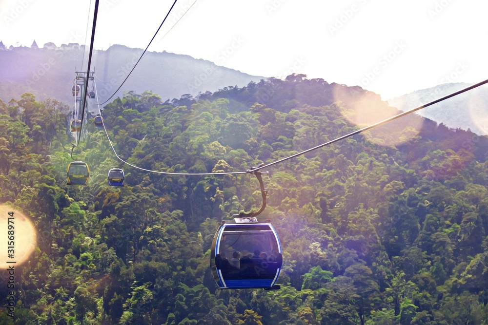 Overhead Cable Car hanging and moving on cable lines of Skybridge over ...
