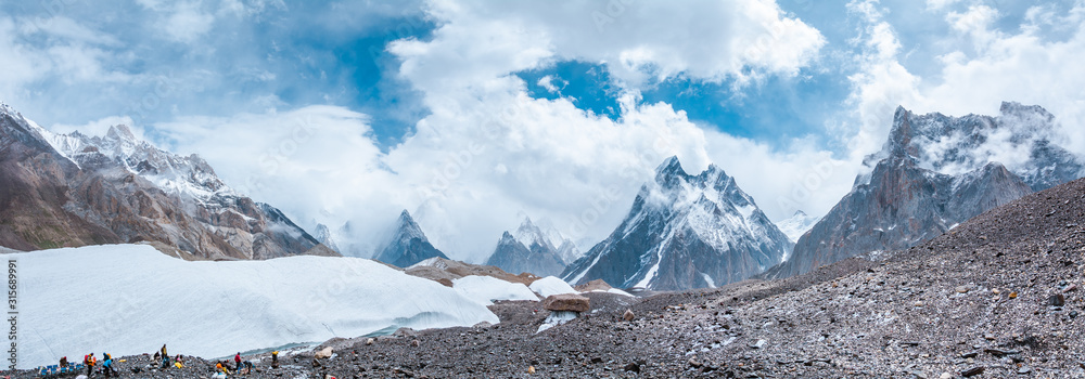 Panoramic view of Baltoro Glacier from Goro II to Concordia Camp with ...