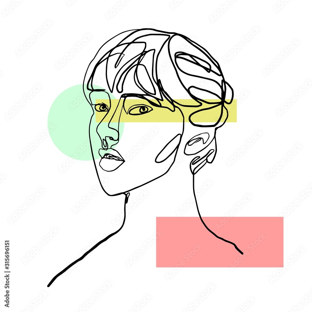 Abstract girl portrait drawn by one line. The girl's face is drawn by a ...