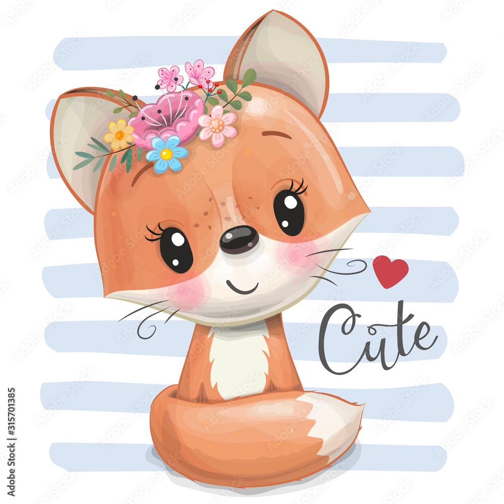 Cartoon Fox with flowers on a striped background Stock Vector | Adobe Stock