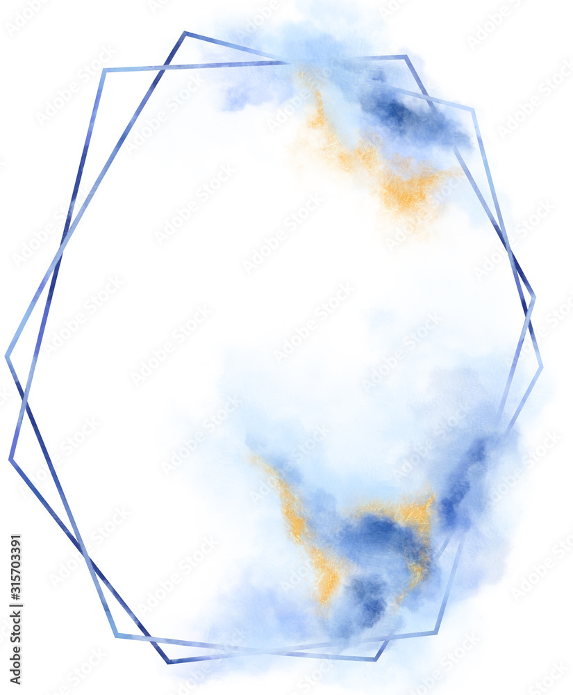 Navy blue geometric frame with watercolor splashes and gold texture ...