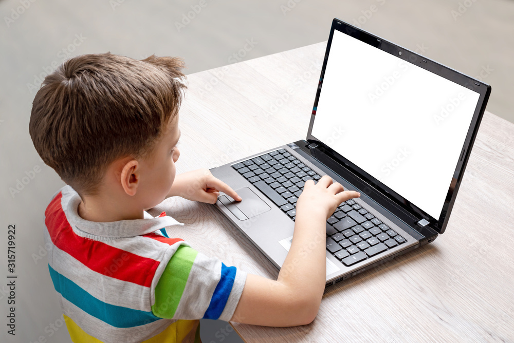 Boy use a laptop computer mockup. Isolated screen for app, game or web ...