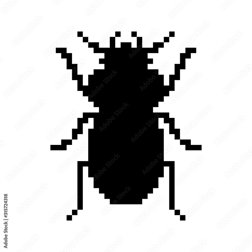 Vector pixel bug icon. Computer virus pictogram. Black bug icon isolated on white background ...